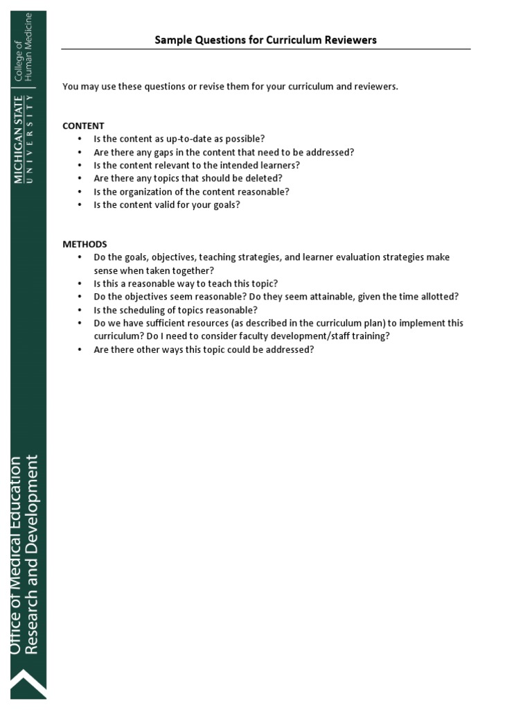 Sample Questions For Curriculum Reviewers: Content | PDF