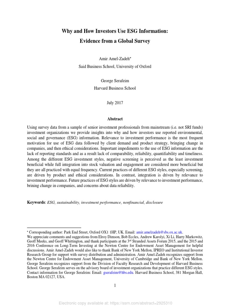 Why and How Investors Use Esg Information Evidence From A Global | PDF ...