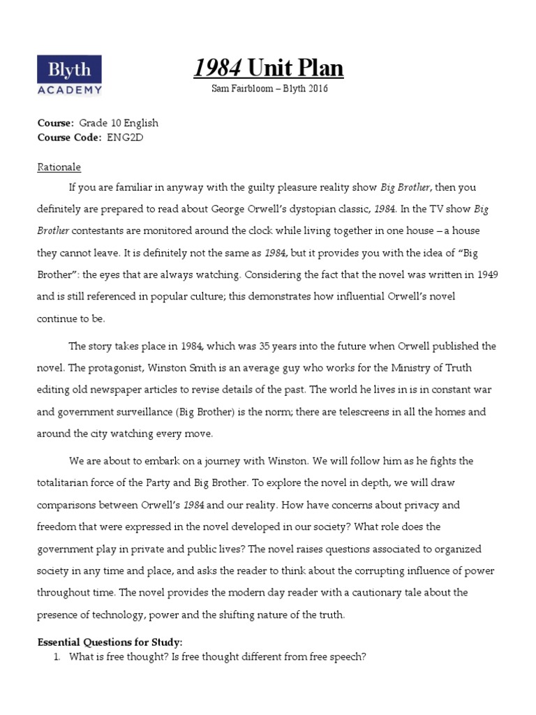 1984 Unit Plan: Course: Grade 10 English Course Code: ENG2D | PDF ...