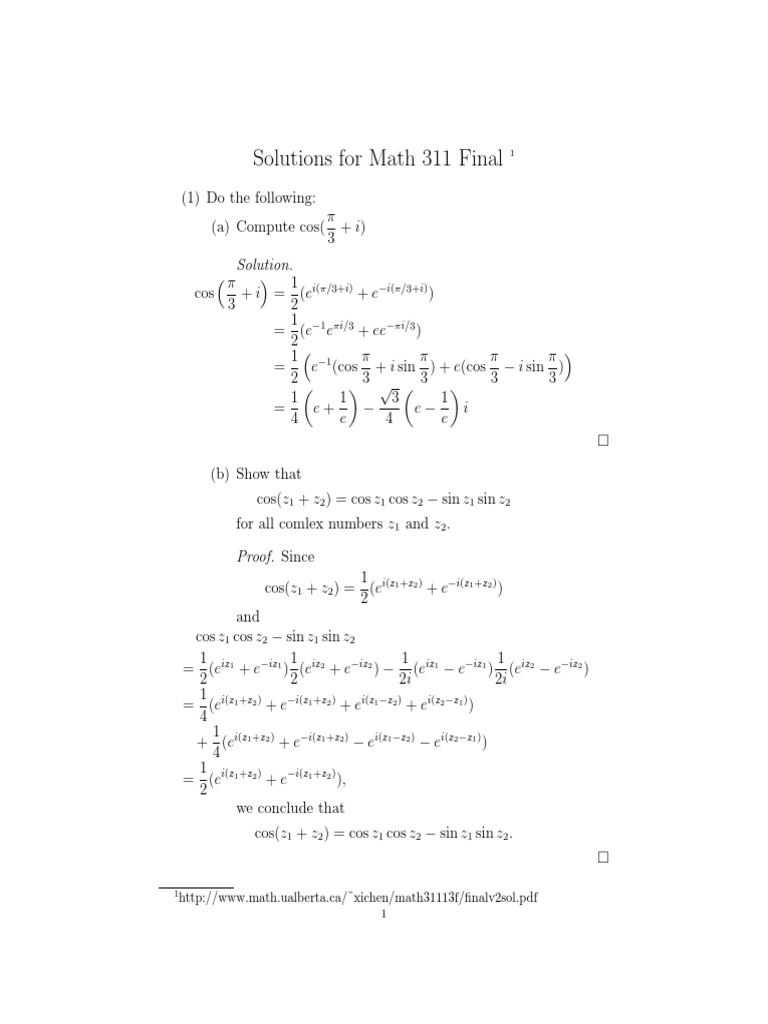 Solutions for Math 311 Final: i (π/3+i) −i (π/3+i) | PDF | Differential ...