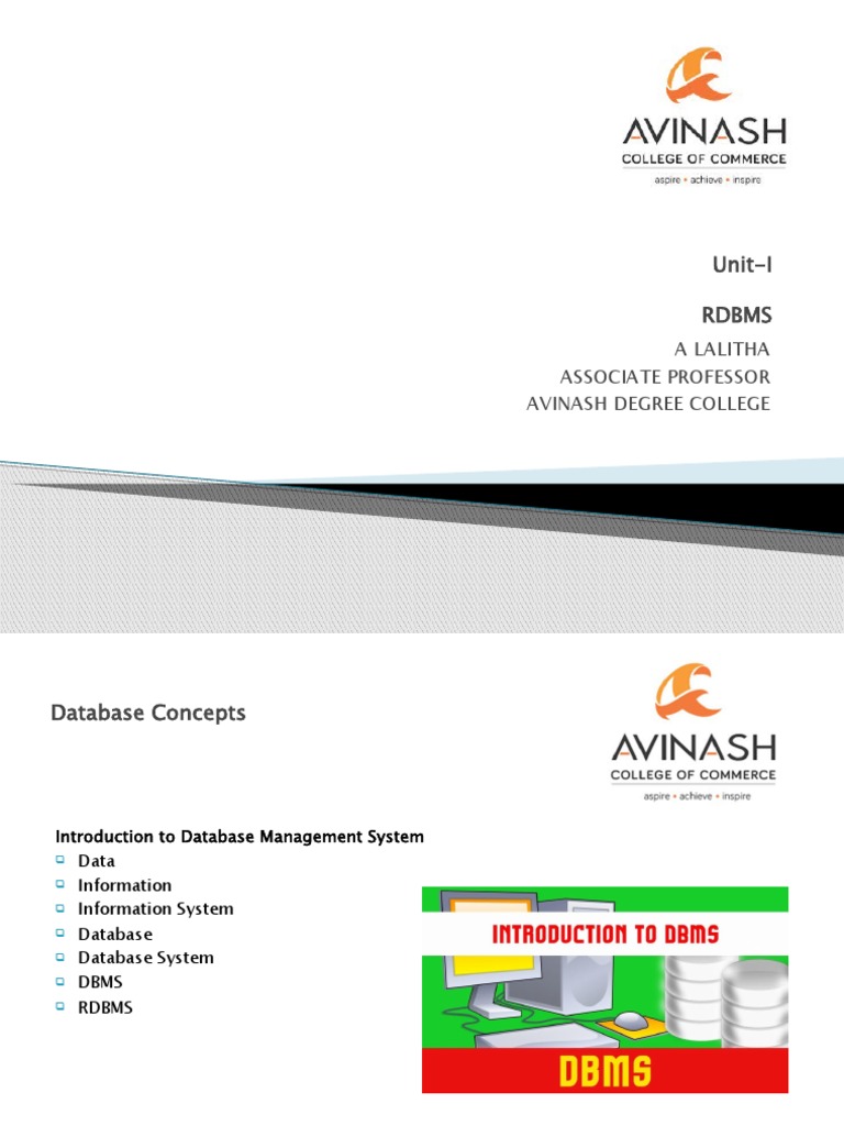 Unit-I RDBMS: A Lalitha Associate Professor Avinash Degree College ...