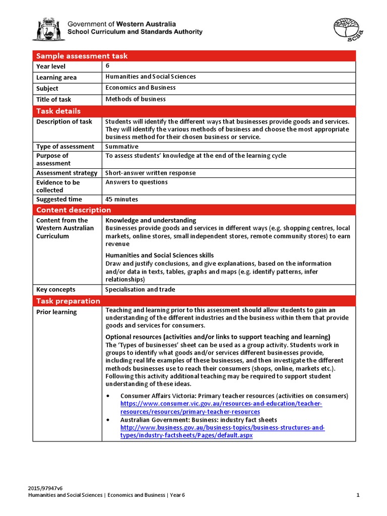 Hass e and B Year 6 Sample Assessment Task Methods of Business | PDF ...