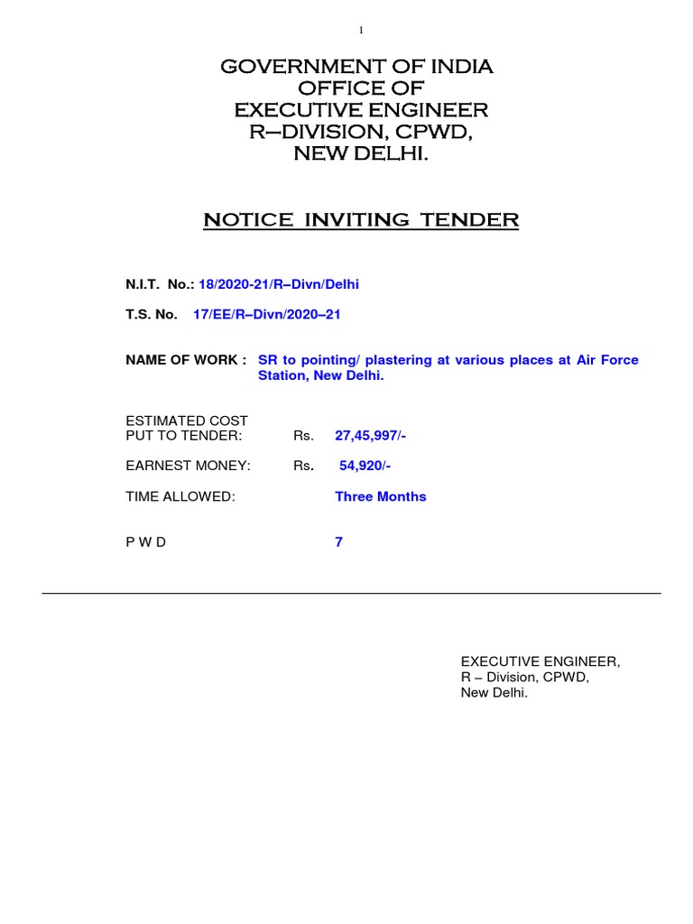 Notice Inviting Tender: Government of India Office of Executive ...