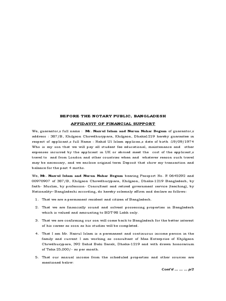 Before The Notary Public, Bangladesh Affidavit of Financial Support ...