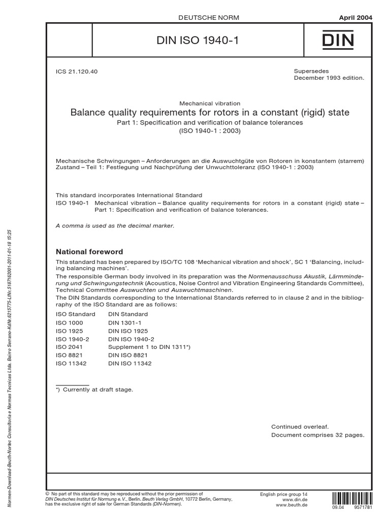 DIN ISO 1940-1: Balance Quality Requirements For Rotors in A Constant ...