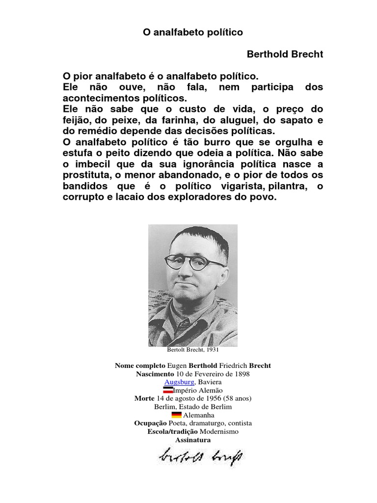 O Analfabeto Político (Poema) - Berthold Brecht | PDF