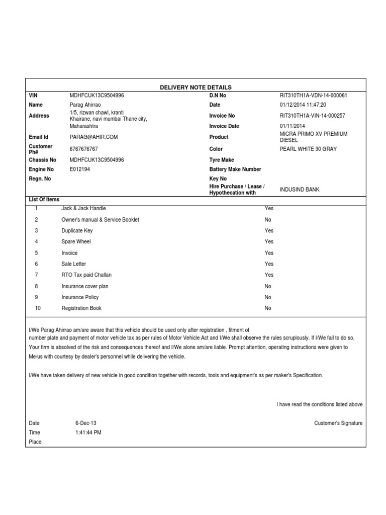 Delivery Acknowledgement Note | Download Free PDF | Vehicles | Transport