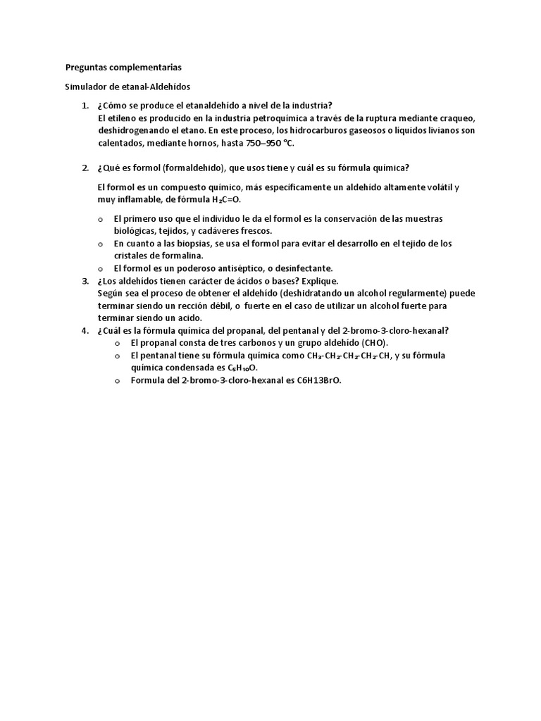 Preguntas Complementarias de Aldehídos | PDF