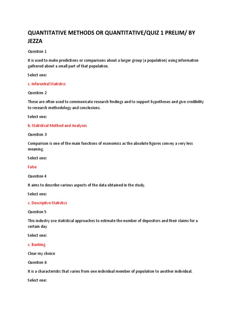 Quantitative Methods or Quantitative Quiz 1 Prelim by Jezza | PDF ...