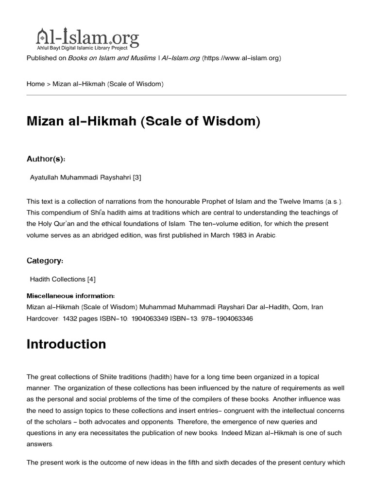 Mizan Al-Hikmah (Scale of Wisdom) PDF | Download Free PDF | Hadith ... Mizan Al-Hikmah (Scale of Wisdom) PDF | Download Free PDF | Hadith ...