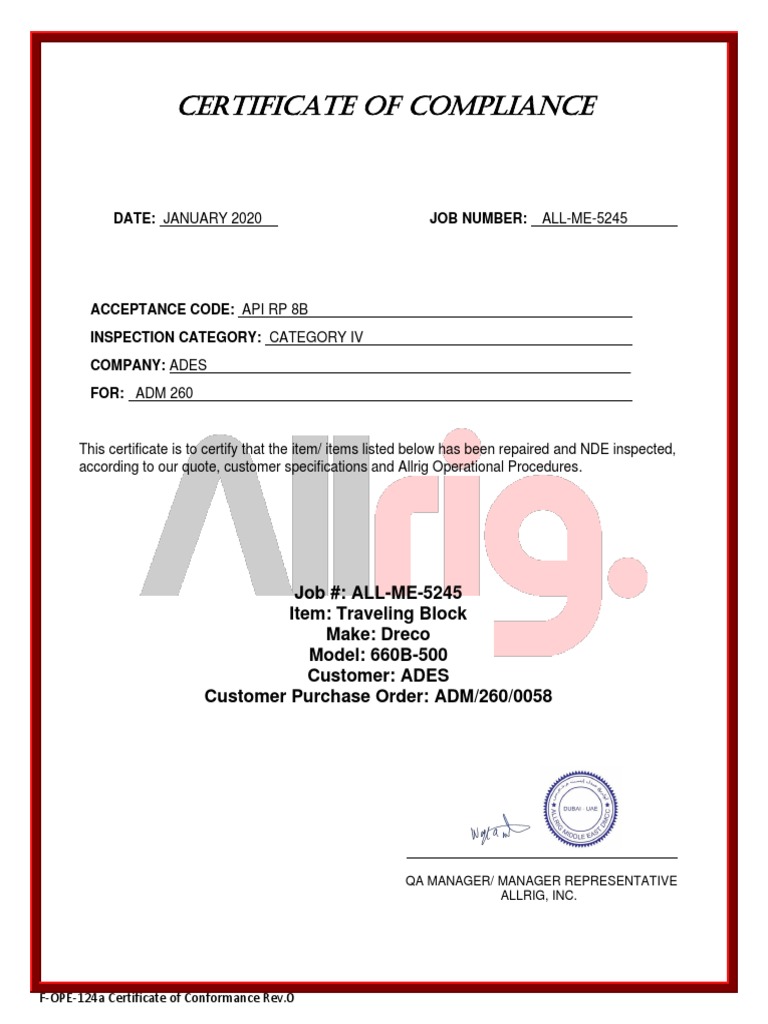 ADM 260 - Travelling Block - COC | PDF | Technology & Engineering