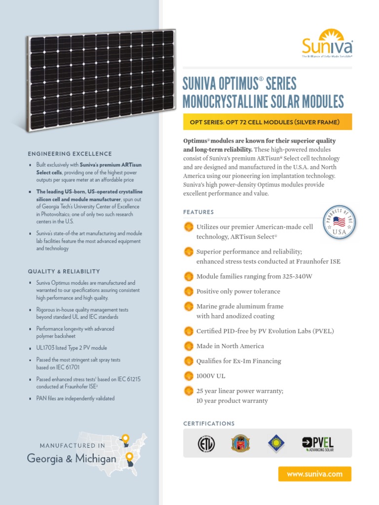 Suniva Suniva Opt330 72 4 100 Silver Mono Solar Panel Specs PDF | PDF ...