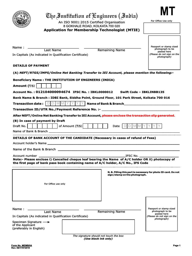 The Institution of Engineers (India) : Application For Membership ...