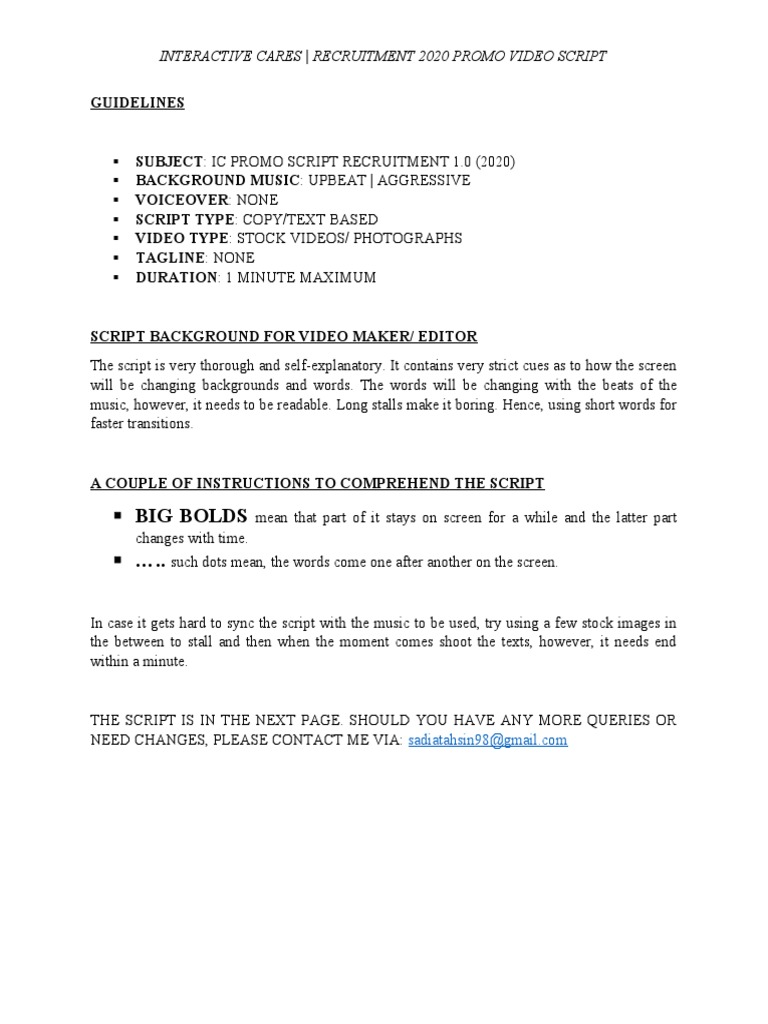 Ic Recruitment Promo Video Script | PDF | Communication