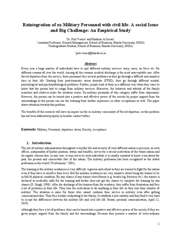 Reintegration of Ex-Military Personnel With Civil Life-A Social Issue ...