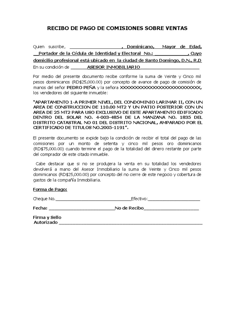 RECIBO DE PAGO DE COMISIONES SOBRE VENTAS - Modelo - X | PDF