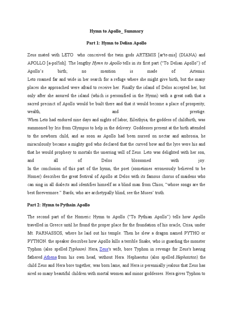 Summary of the Hymn to Apollo | PDF | Apollo | Hera