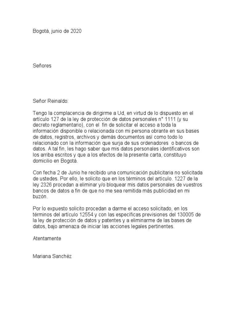 Carta Solicitud Proteccion de Datos | PDF
