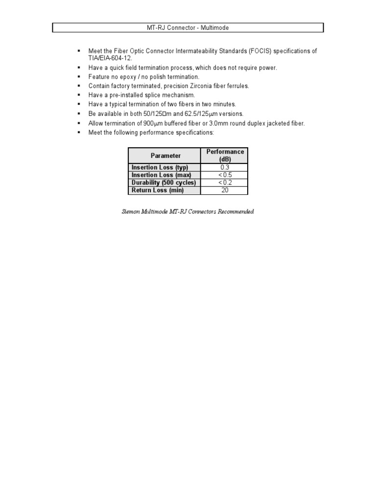 MT-RJ Multimode Fiber Optic Connectors | PDF | Science & Mathematics ...