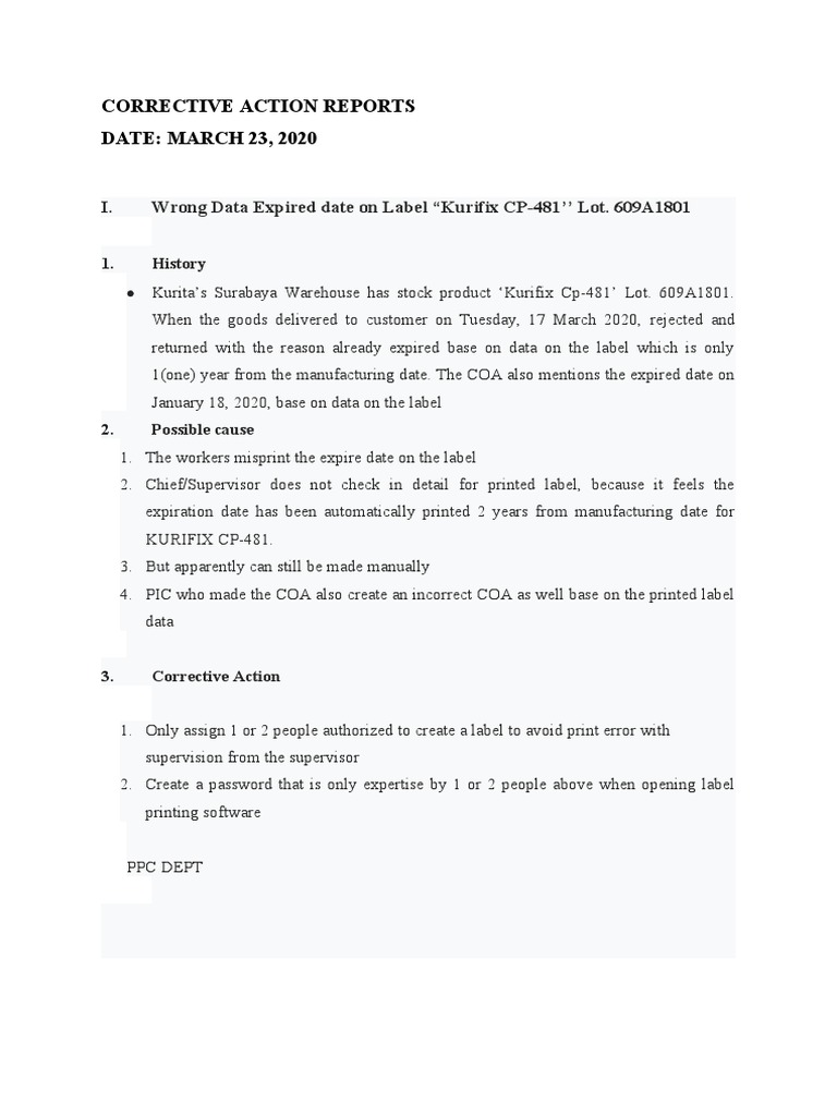 Corrective Action Reports Miss Type Label Fix CP-481 | PDF