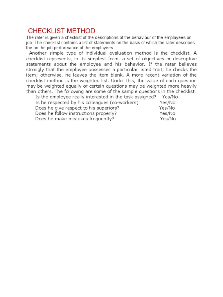 Checklist Method: Another Simple Type of Individual Evaluation Method ...