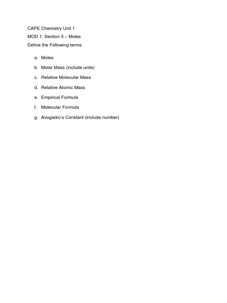 CAPE Chemistry Module 1 - Moles | PDF | Science & Mathematics