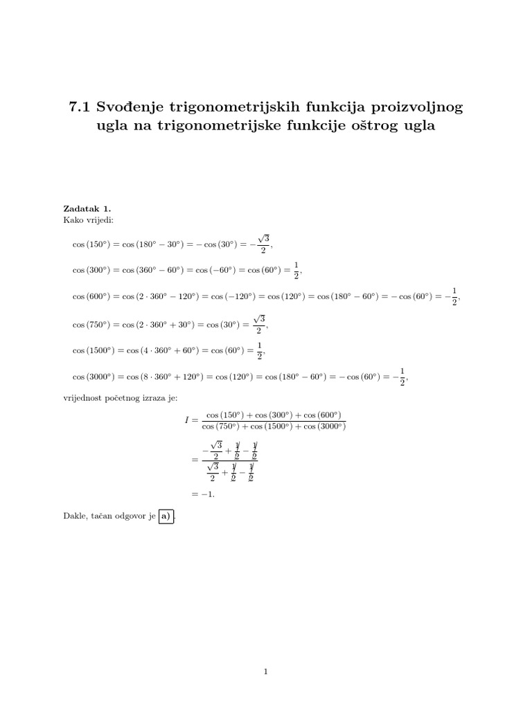 7.1 Svođenje trigonometrijskih funkcija proizvoljnog ugla na ...