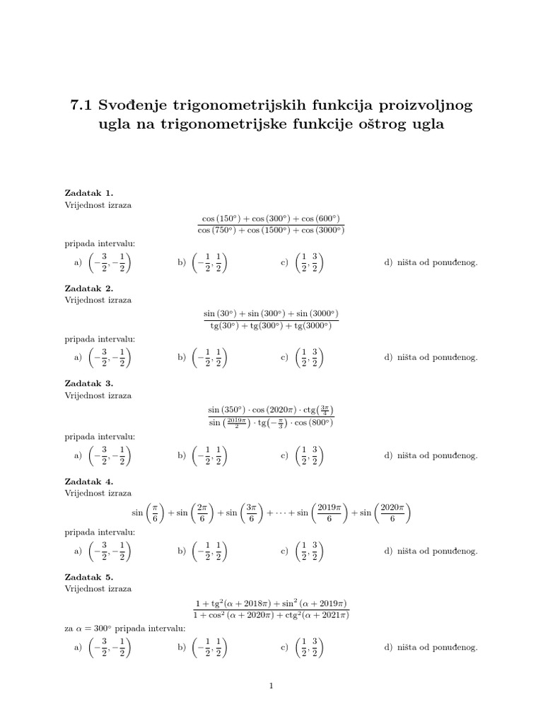 7.1 Svođenje trigonometrijskih funkcija proizvoljnog ugla na ...