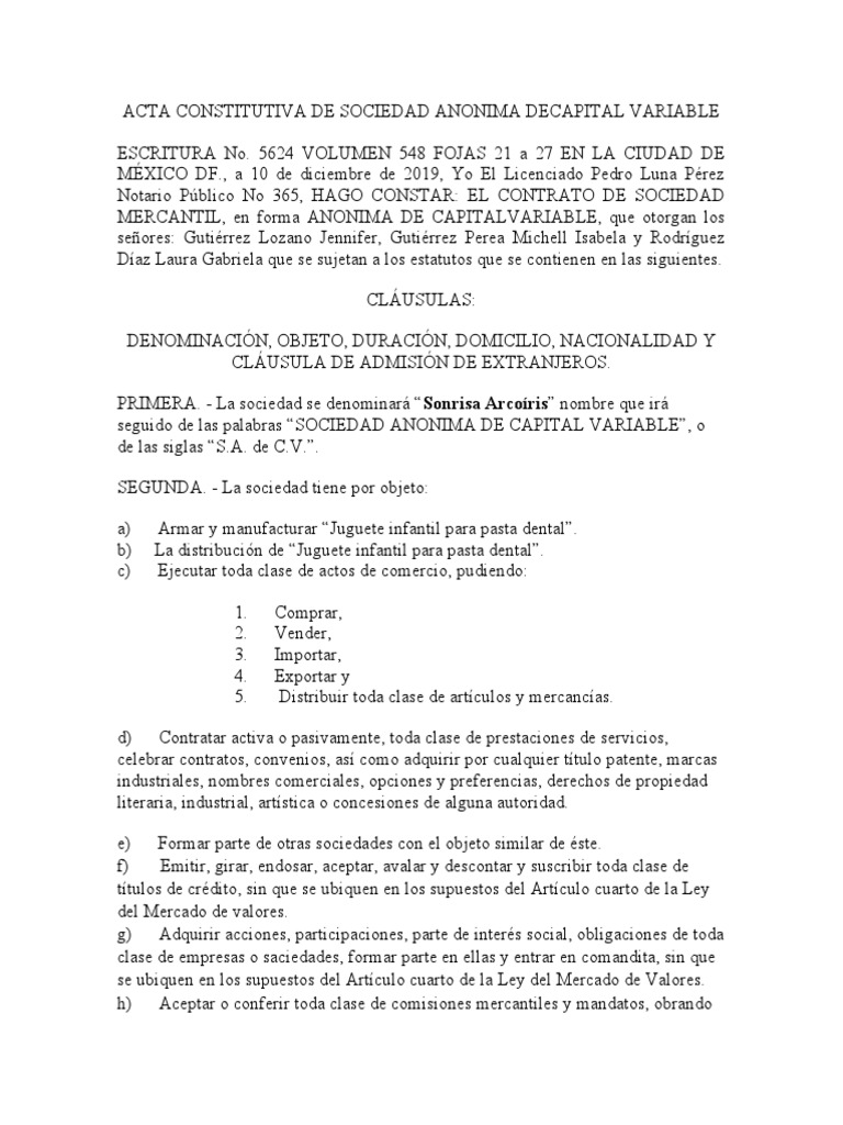 Acta Constitutiva de Sociedad Anonima | PDF | Sociedad de responsabilidad limitada | Compartir ...