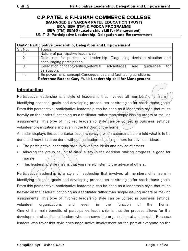 Participative Leadership, Delegation and Empowerment | PDF ...