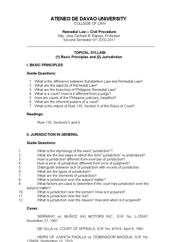 00 Guide Syllabus - Basic Principles and Jurisdiction | PDF ...