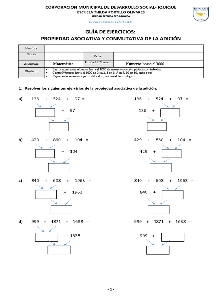 GUIA de EJERCICIOS Propiedad Asociativa Conmutativa | PDF | Notación ...