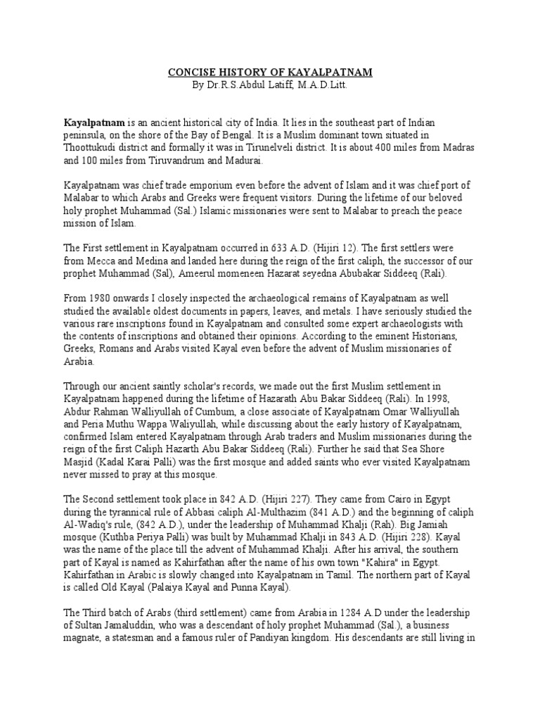 Concise History of Kayalpatnam | PDF | Mosque | Muhammad