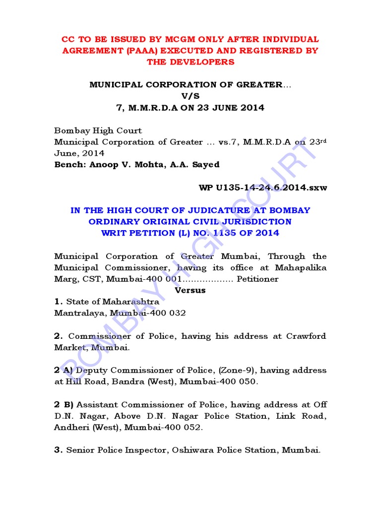 Bombay High Court On CC To Be Issued by MCGM Only After Individual ...