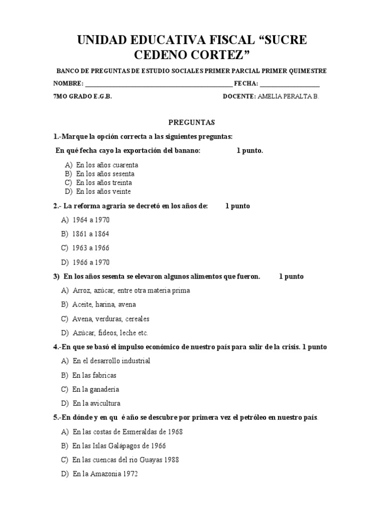 Banco de Preguntas de Septimo Grado 2019 Eess | PDF | Ecuador