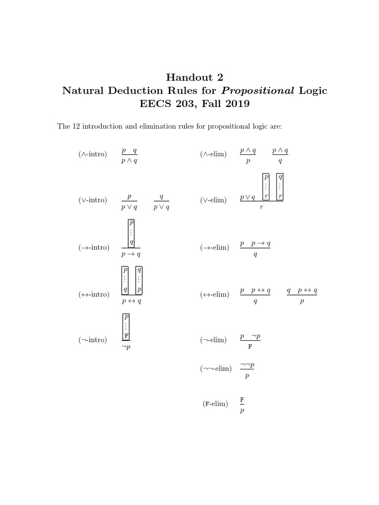 Handout 2 Natural Deduction Rules For Propositional Logic EECS 203 ...