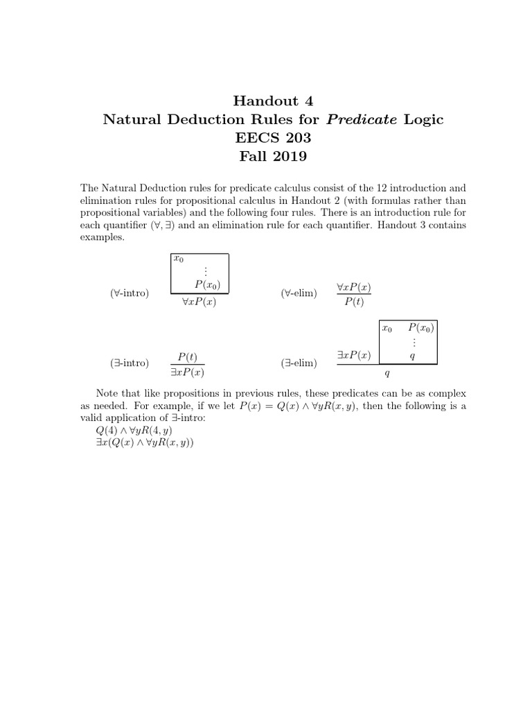Handout 4 Natural Deduction Rules For Predicate Logic Eecs 203 Fall 2019 Pdf