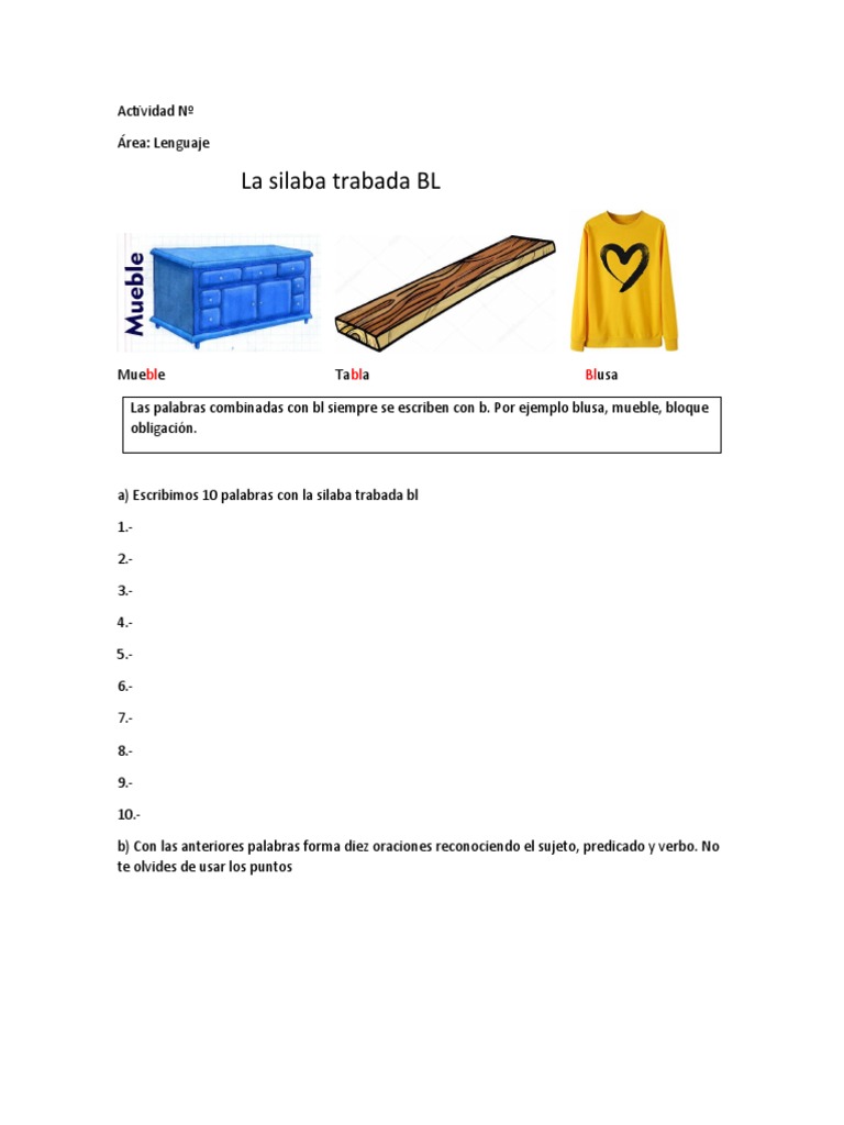 Actividades con sílabas trabadas "bl" | PDF