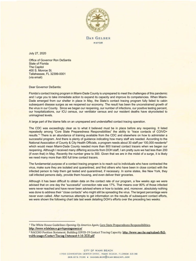 Mayor Gelber Letter To Gov. DeSantis | PDF | Miami Dade County ...