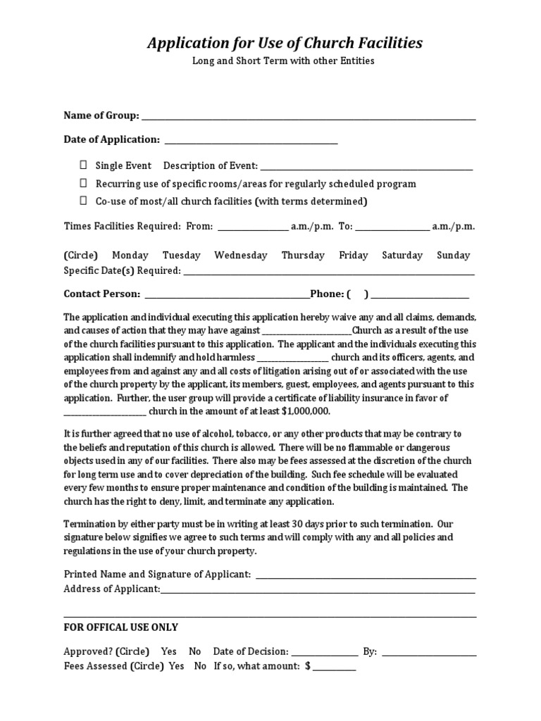 Church Facility Use Application Form | PDF | Indemnity | Business Law
