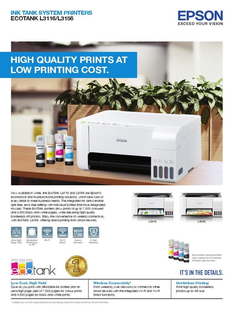 High Quality Prints at Low Printing Cost.: ECOTANK L3116/L3156 | Download Free PDF | Printer ...