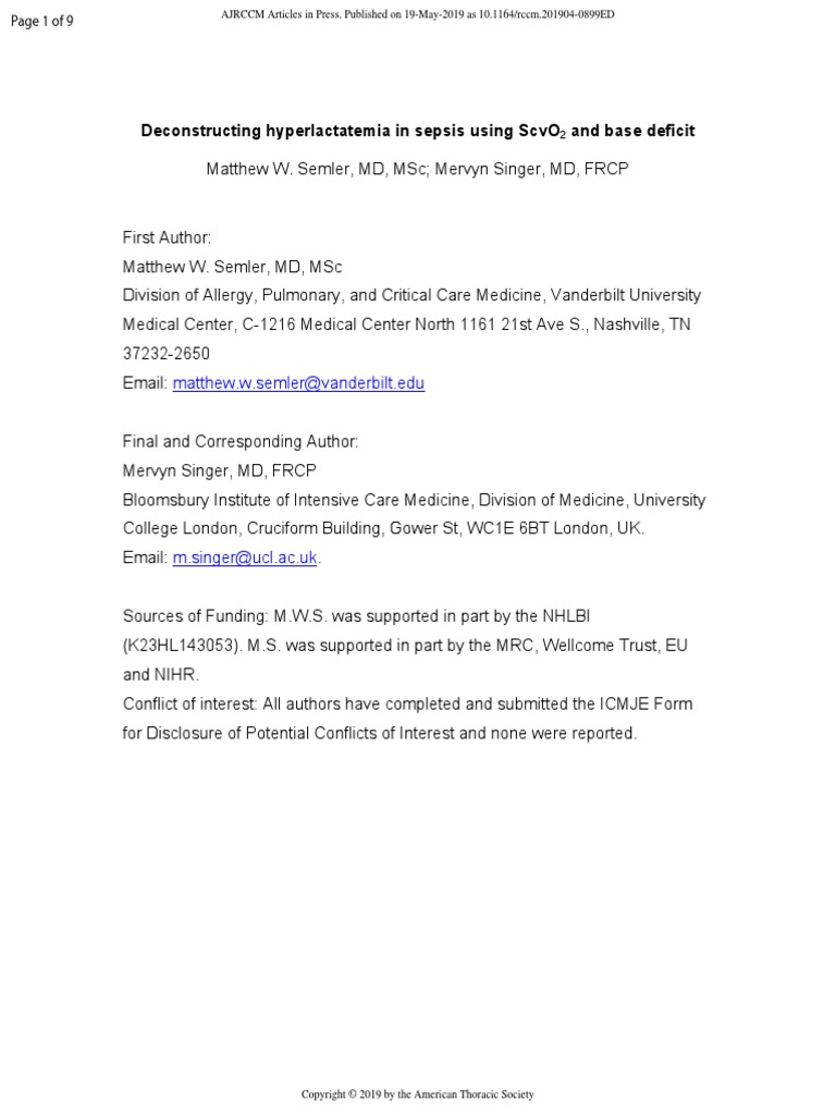 31106572: Deconstructing Hyperlactatemia in Sepsis Using ScvO 2 and ...
