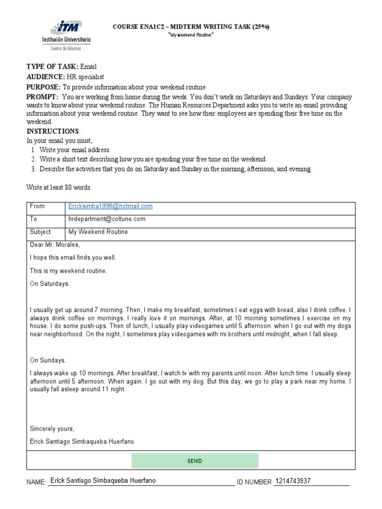 Course Ena1C2 - Midterm Writing Task (25%) : My Weekend Routine | PDF ...