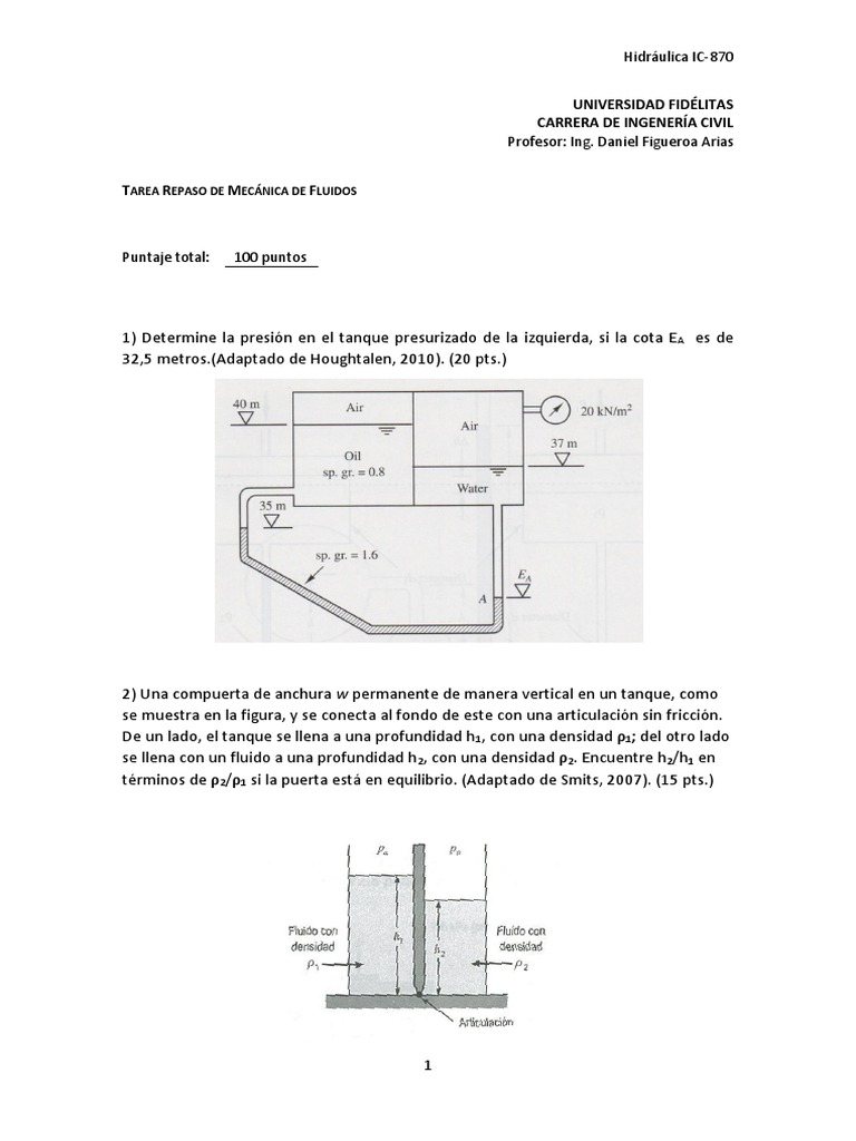 Tarea de Mecánica de Fluidos: Problemas y Soluciones | PDF | Mecánica ...