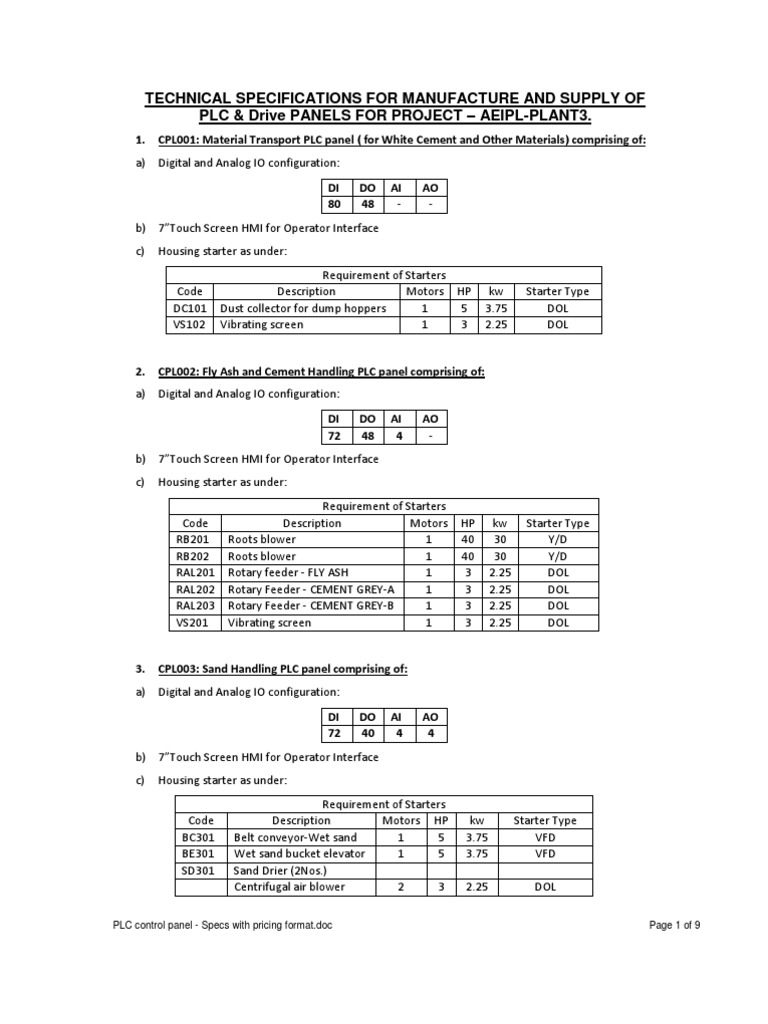 PLC Control Panel - Specs With Pricing Format | PDF | Programmable ...