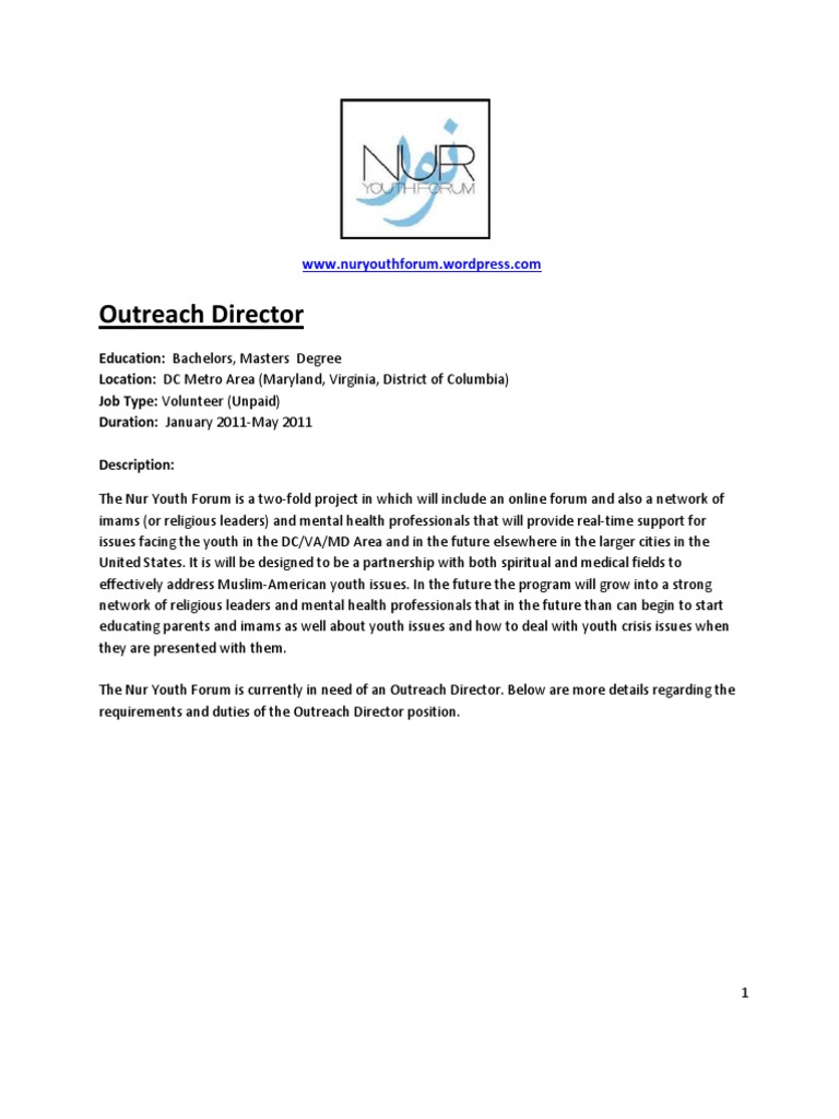 Outreach Director Position at Nur Youth Forum | PDF | Mental Health ...