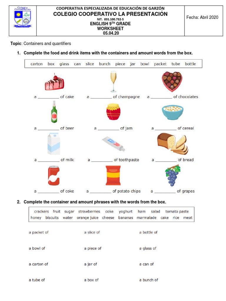 Containers and Quantifiers Worksheet | PDF