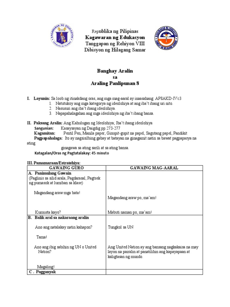 Banghay Aralin Sa Grade 8 Araling Panlipunan | PDF