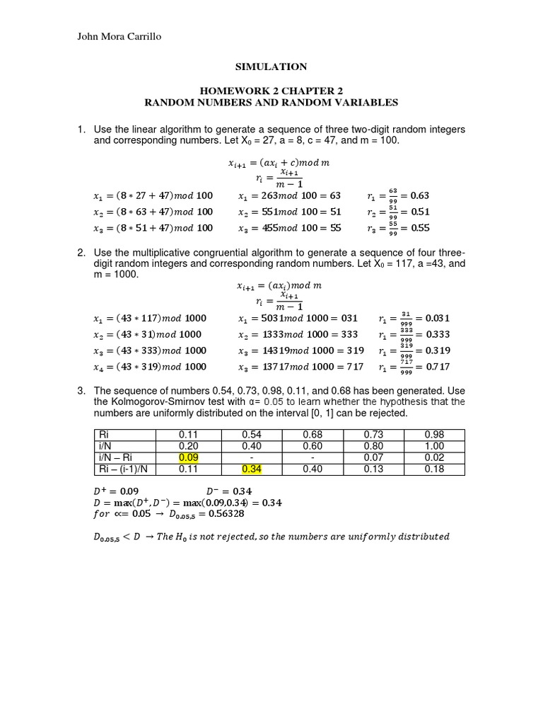 Simulation Homework 2 Chapter 2 Random Numbers and Random Variables | PDF | Probability ...