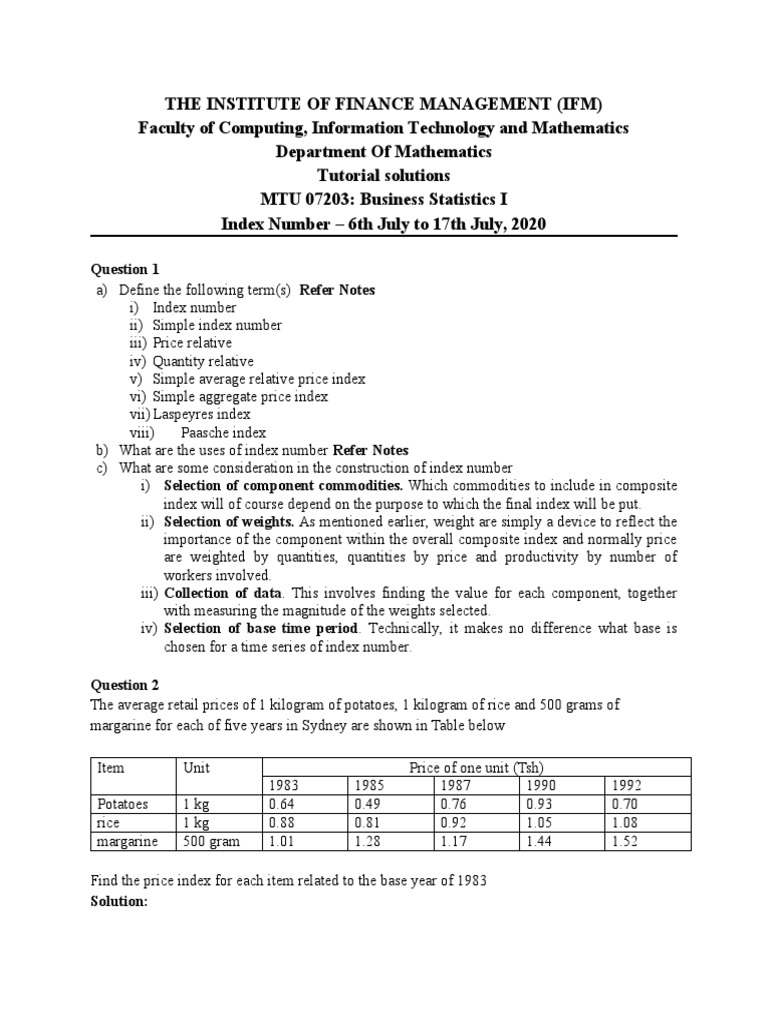 Tutorial Index Numbers Solutions 2020 | PDF | Price Indices | Index ...